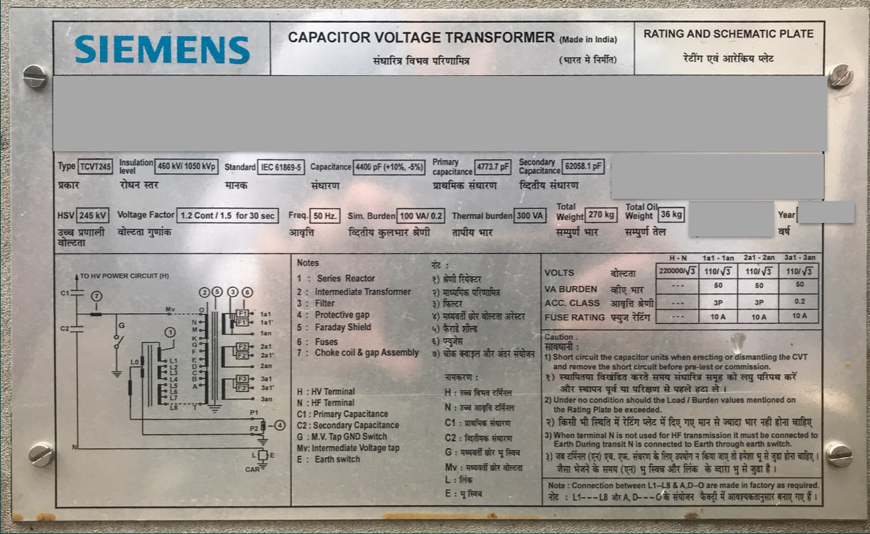 Nameplate details of Capacitive Voltage Transformer (CVT) | Explained - TheElectricalGuy